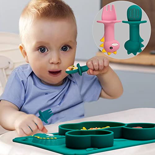 NICINGU 3Pcs Toddler Silicone Placemat Spoon and Fork Set,Divided Plate Dish for Baby Kids Infant Self Feeding Training,Non-Suction BPA Free Microwave Dishwasher Safe-Blue Dinosaur