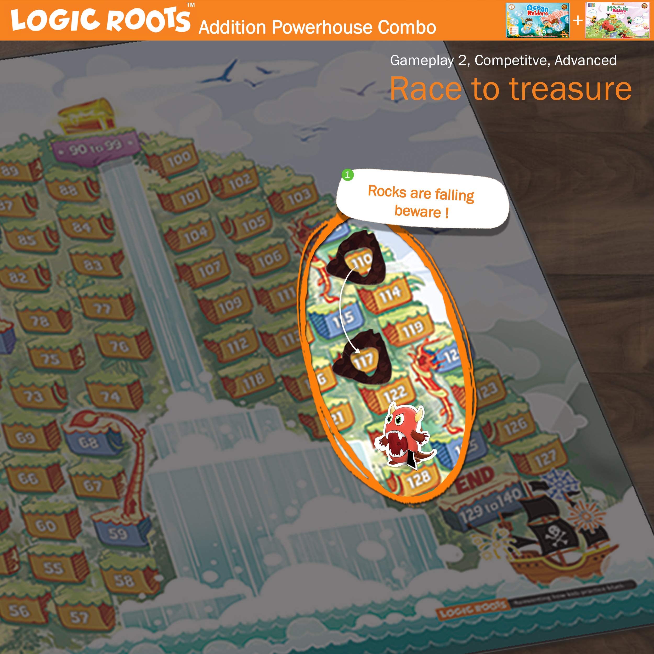 Logic Roots Addition Games - Pack of 2, Mountain Raiders and Ocean Raiders, Math Board Games and STEM Toys for 5- 9 Year Olds, Educational Gift for Kids, Homeschoolers, Kindergarten and Up