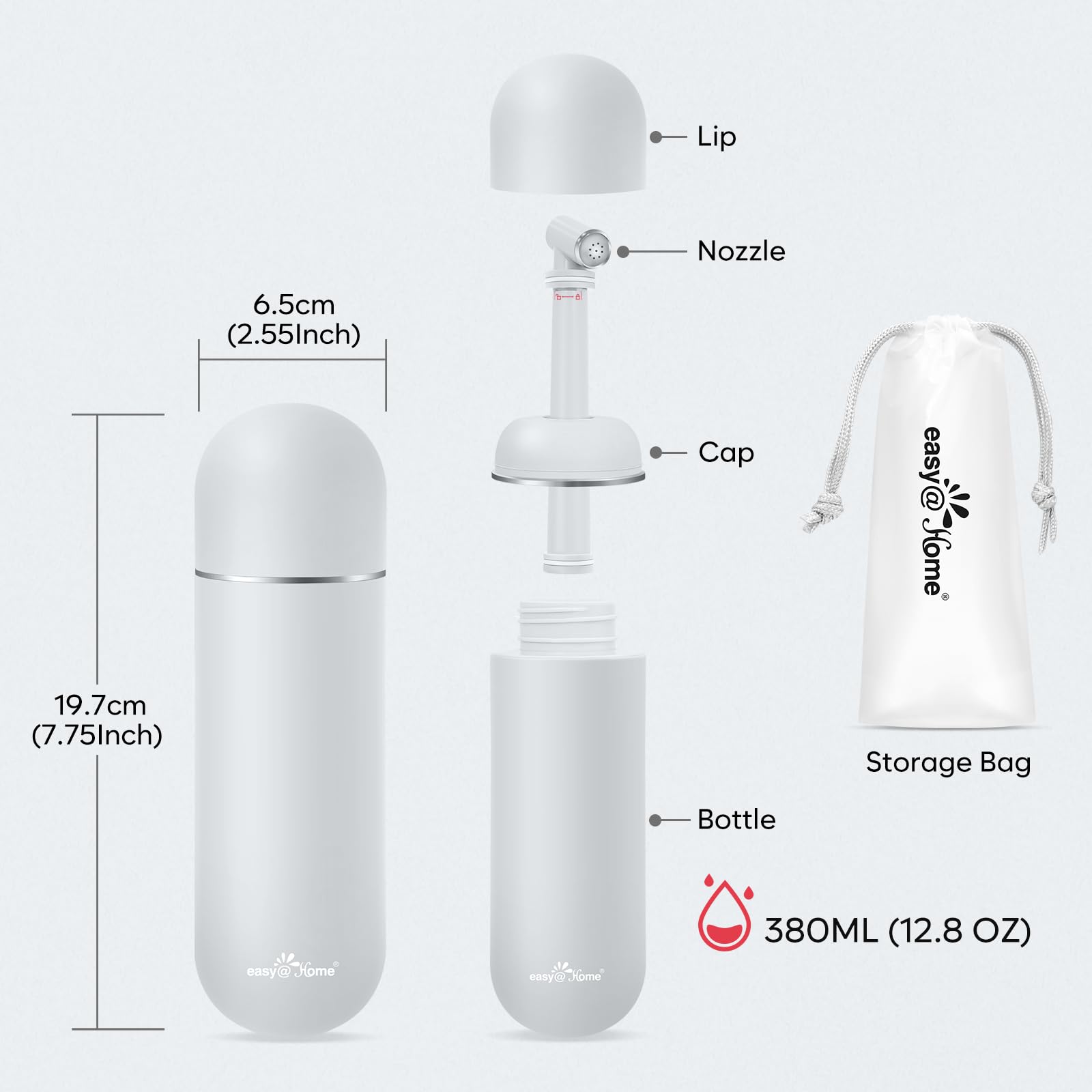 Easy@Home Portable Bidet for Travel: Handheld Sprayer Kit - Personal Hygiene Peri Bottle for Women & Men | Perineal & Postpartum Care Essentials | 380mL (12.8 oz) Large Capacity Bottle | EPB-01 Grey