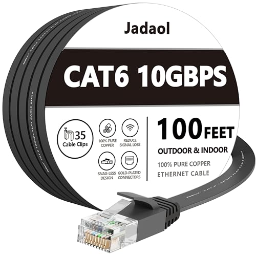 Cat 6 Ethernet Cable 100 ft, Outdoor&Indoor, 10Gbps Support Cat8 Cat7 Network, long Flat Internet LAN Patch Cord, Cat6 Solid Fast Speed weatherproof Cable for Router, Modem, PS4/5, Xbox, Gaming, Black