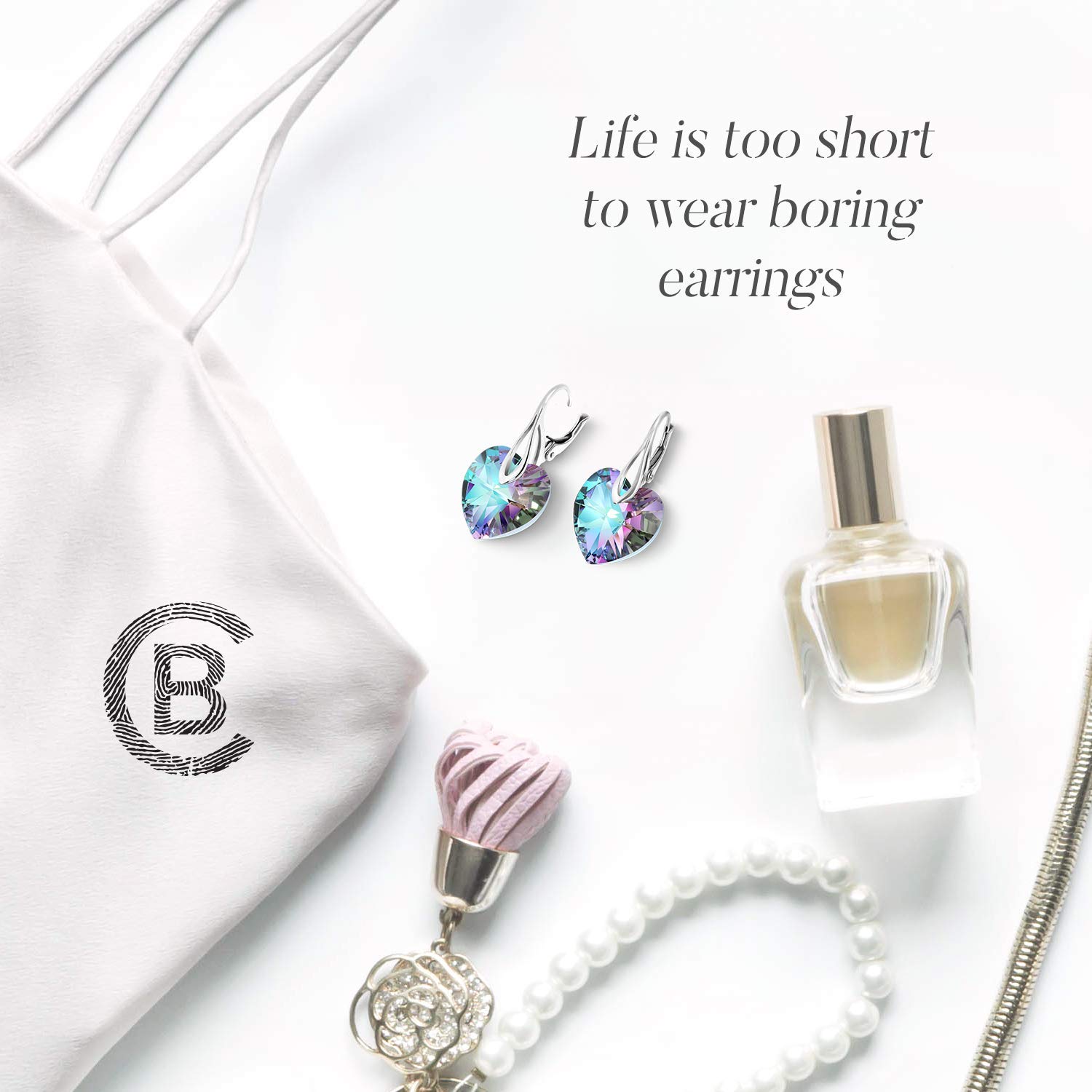 Chic Bijoux Heart Shaped Earrings for Women - Made with 925 Sterling Silver and Austrian Crystals - Birthday Ideas for Mom, Hypoallergenic Jewelry, Purple