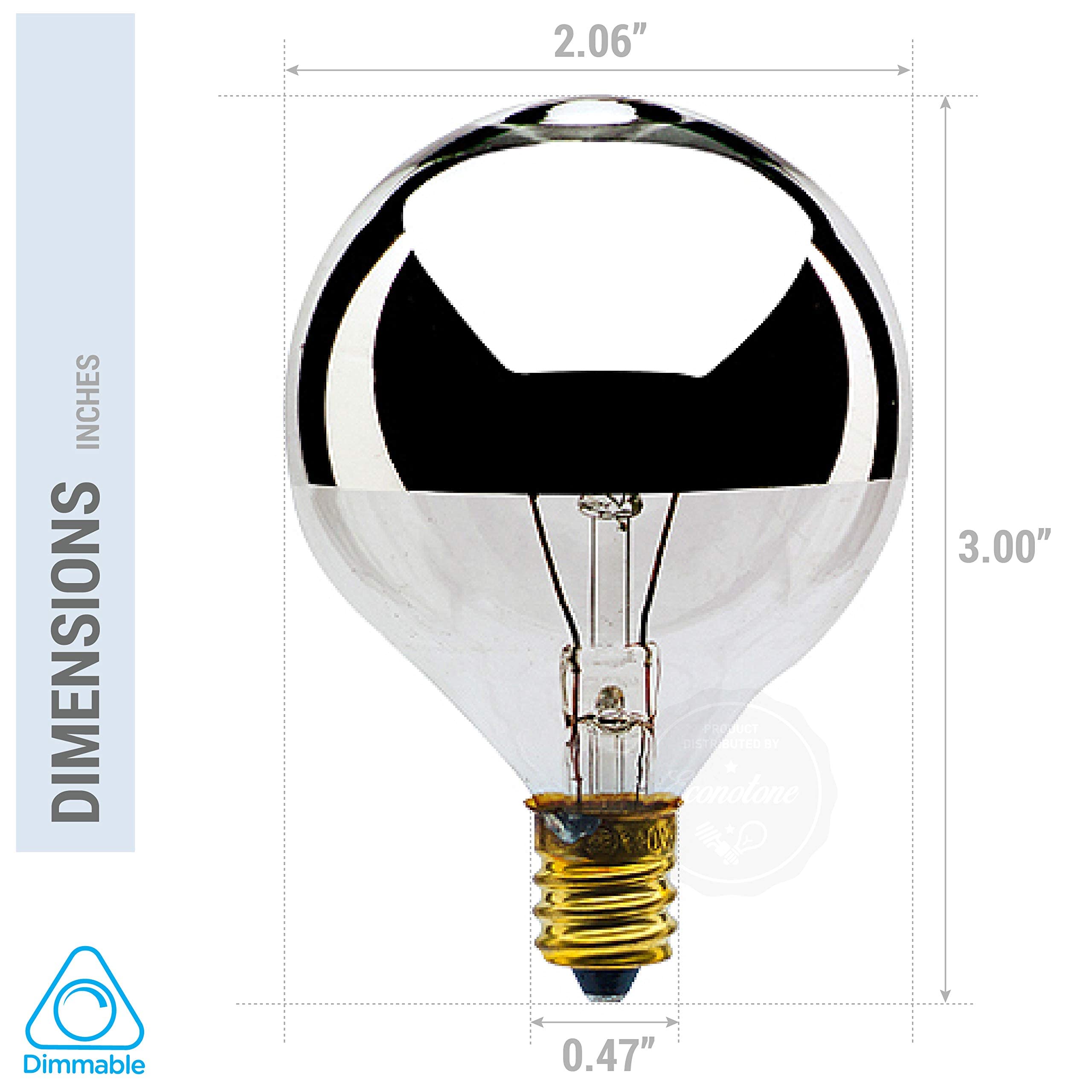 KOR (6 Pack) G16 1/2/SL Incandescent Light Bulb, Silver Half Chrome Crown with Mirror Finish, Dimmable, 120 Volts, G16 Lamp Shape, Candelabra Base, E12 Base, 1500 Hours Rated. (40 Watt (6 Pack))