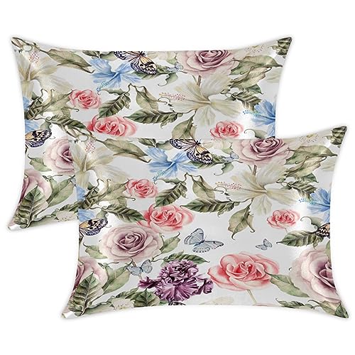 Flower Rose Butterfly Pattern Satin Pillow Cases Silk Satin Pillowcase for Hair and Skin Standard Set of 2 Super Soft Silk Pillowcase with Envelope Closure (20x26 in)