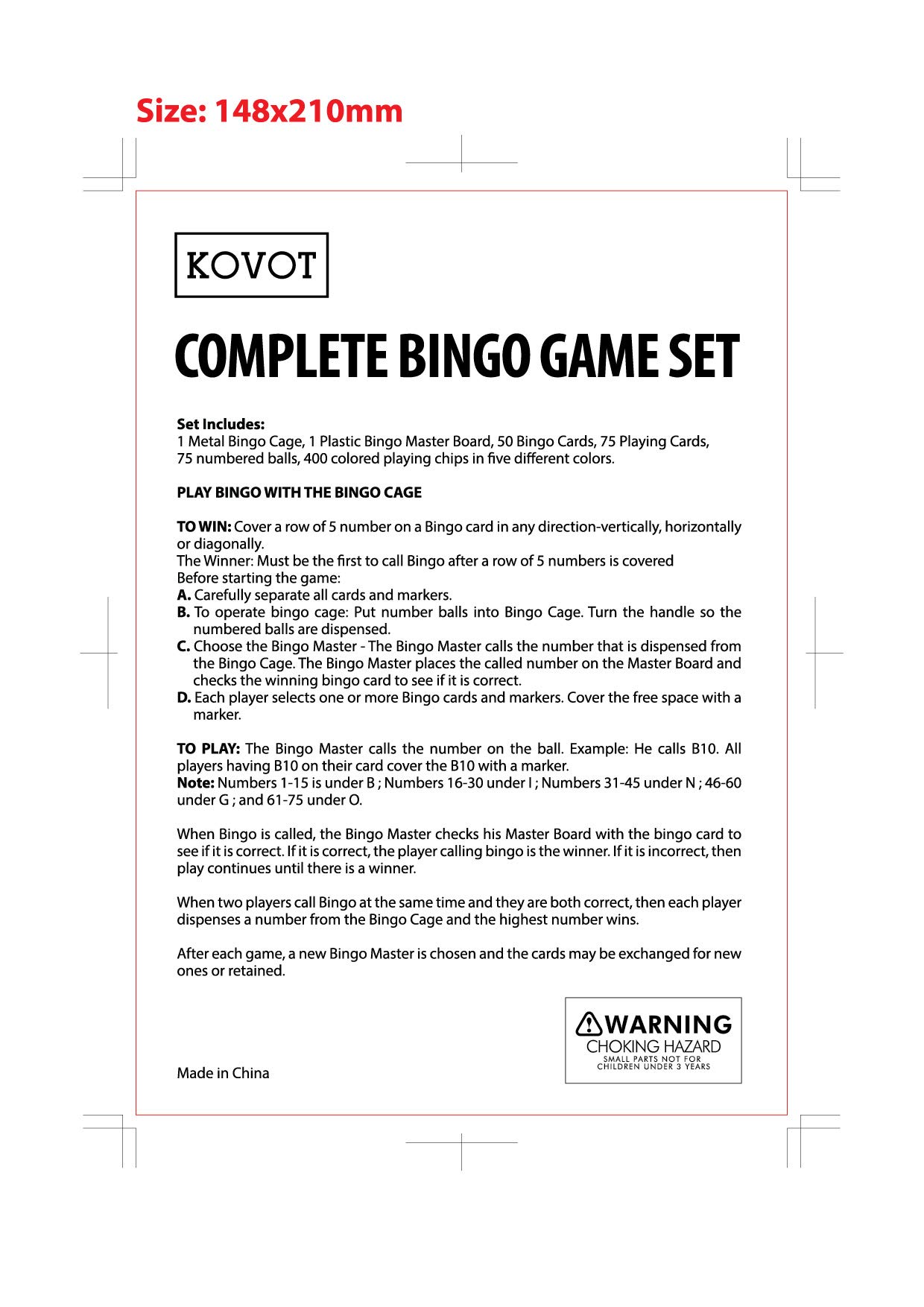 Kovot Complete Bingo Set | includes Metal Cage, (75) Numbered Balls, Master Board, (50) Bingo Cards, (400) Color Chips + Bonus Travel Calling Cards