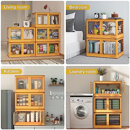 BROVIEW Plastic Storage Bins with Lids, 3 Pack 25 Gal Stackable Storage Cabinets Closet Organizers with 5-Doors, Collapsible Storage Containers Box for Kitchen Bedroom Living Kids Room Dorm (Yellow)