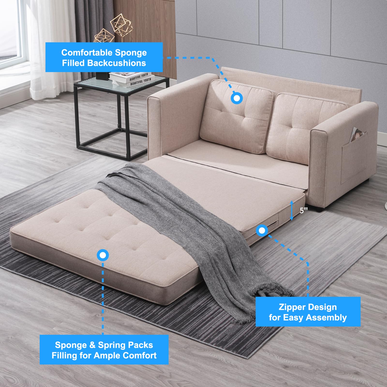 PUREMIND Loveseat Sleeper Sofa Bed, Linen 2-in-1 Pull Out Couch Bed, Upholstery Futon Sofa Bed with Cushion, Convertible Floor Couch with Side Pockets for Living Room, Apartment, Office