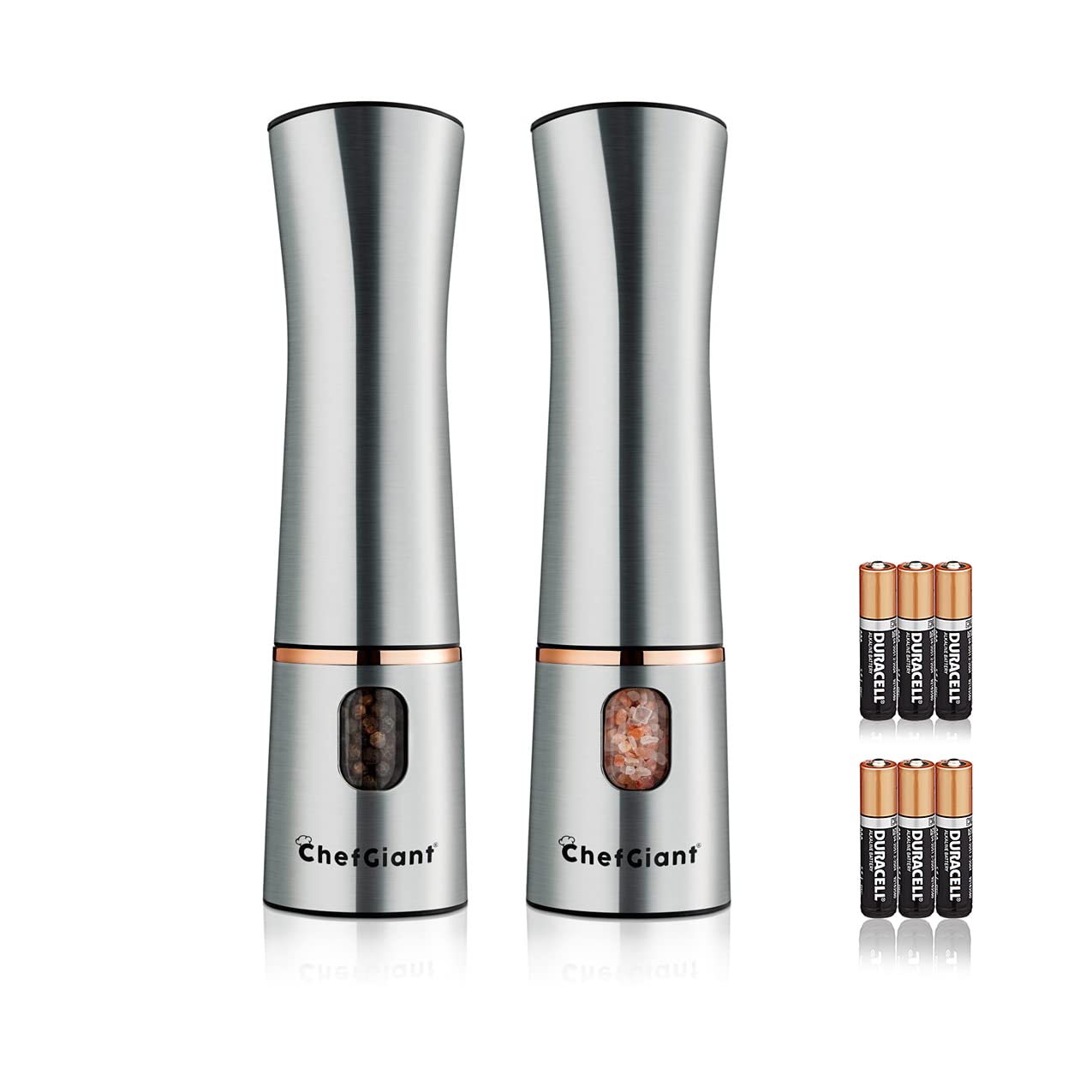 ChefGiant Electric Salt and Pepper Grinder Set - Rose Gold & Stainless Steel One Hand Operated Adjustable Coarseness Mill with LED Light, Batteries, Measuring Spoon & Brush