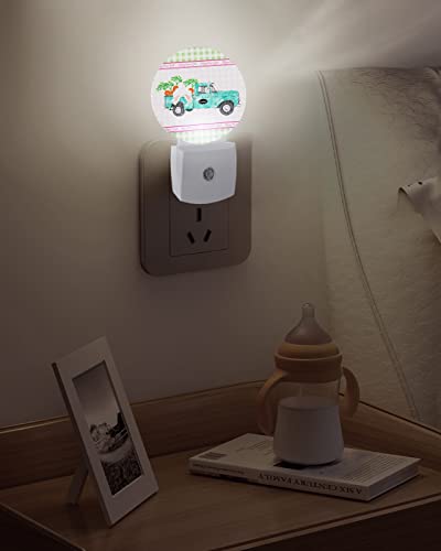 Happy Easter Truck Bunny Night Lights Plug into Wall, Pink Green Buffalo Blue Auto Round LED Lights with Dusk to Dawn Sensor for Bedroom, Bathroom, Hallway, Kitchen, Kids, Home Decor