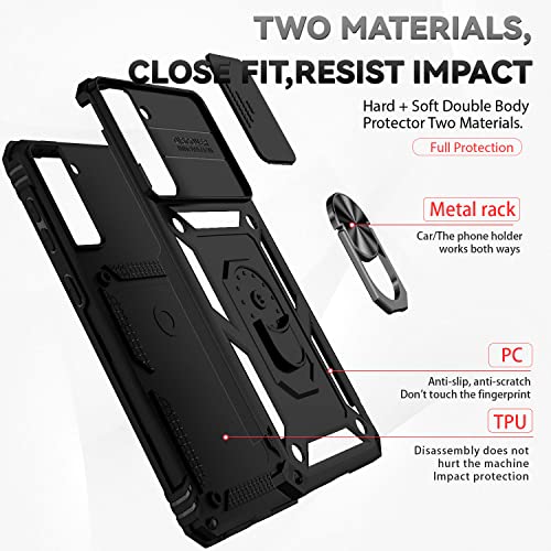 for Samsung Galaxy S21 Case with Camera Lens Cover HD Screen Protector, Dual Layer Military-Grade Drop Tested Magnetic Ring Holder Kickstand Protective Phone Case for Samsung Galaxy S21 5G (Black)