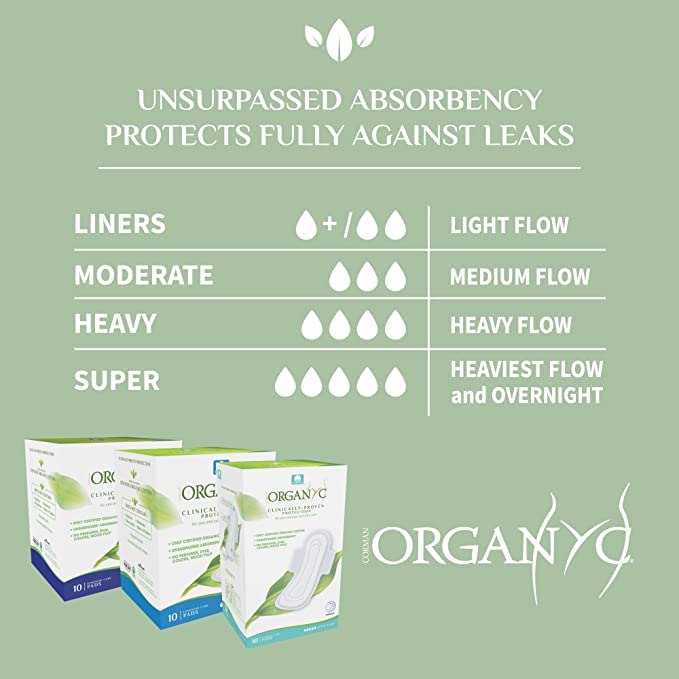 Organyc 100% Certified Organic Cotton Feminine Pads, Moderate Flow, 10 Count