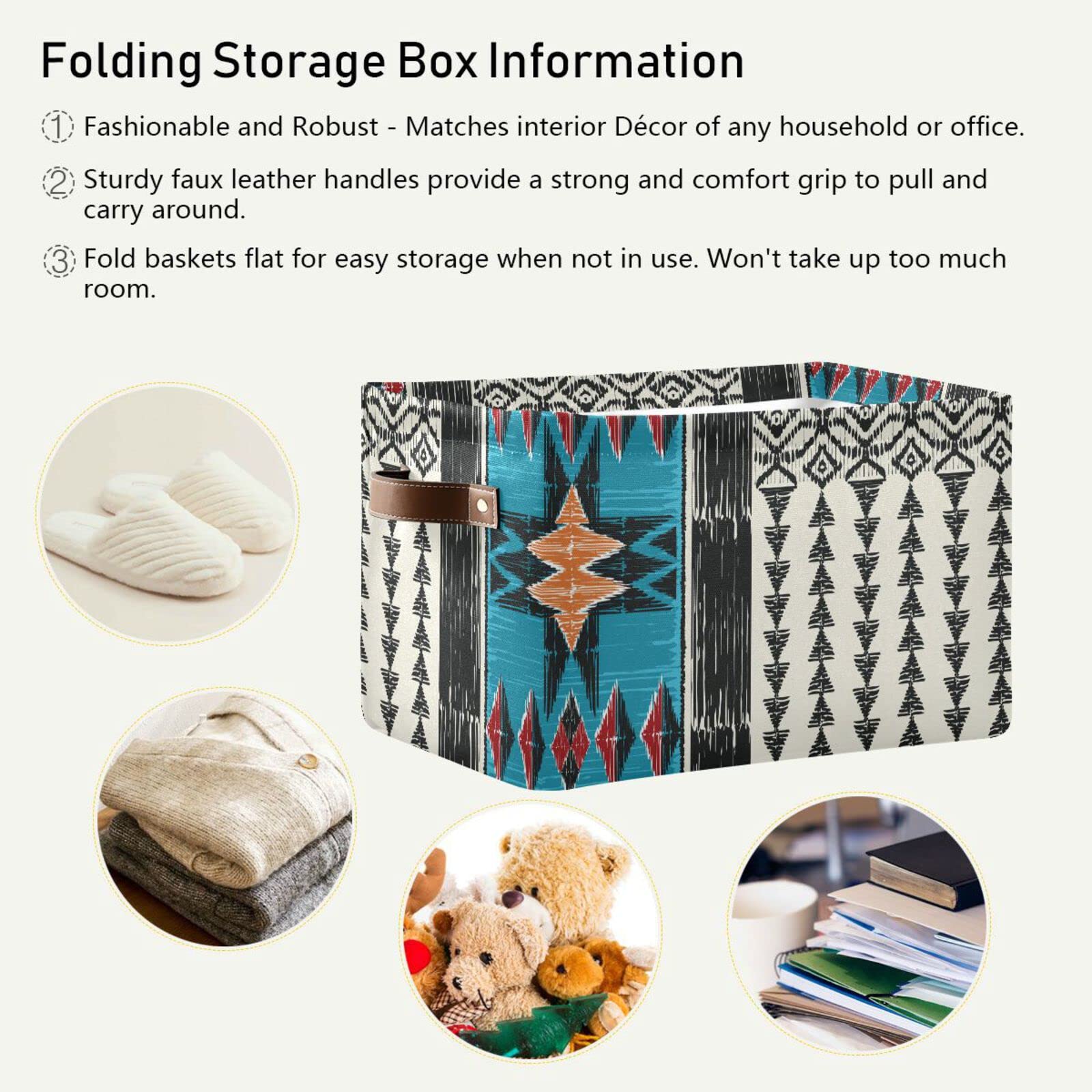 Large Foldable Storage Basket American Indian Aztec Geometric Pattern Storage Bin Canvas Toys Box Fabric Decorative Collapsible Organizer Bag with Handles for Bedroom Home