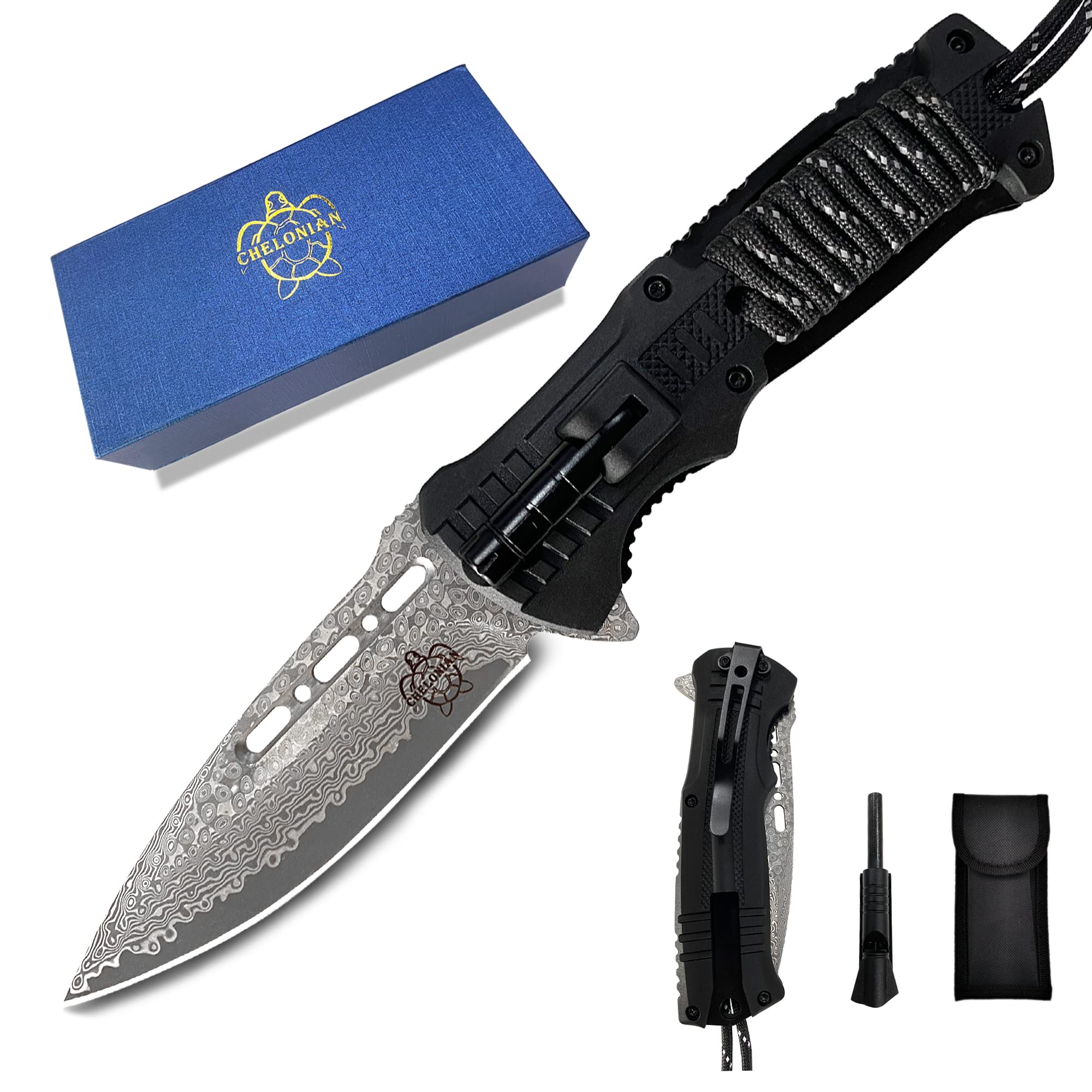 CHELONIAN Damascus Steel Hunting Folding Knives,Spring Assisted Pocket Knife with LED Light Magnesium Fire Starter Whistle (Black)