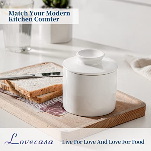 French Butter Crock, LOVECASA Ceramic Butter Dish with Lid for Countertop, Farmhouse Butter Keeper Container with Water Line,Perfect Butter Storage to Keep Fresh and Spreadable(White)