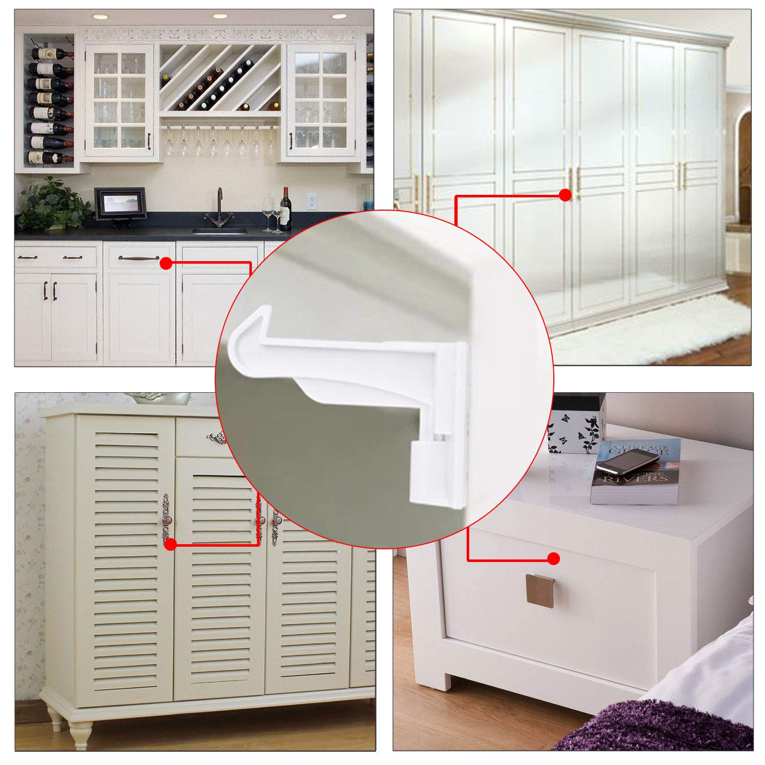Cabinet Locks Child Safety, Childproof Drawer Locks, Slick Invisible Spring No Drill Baby Proofing Latches for Kitchen Bedroom Cabinets & Drawers with Strong Adhesive & 20 Screws Durable Fixed, 10Pack