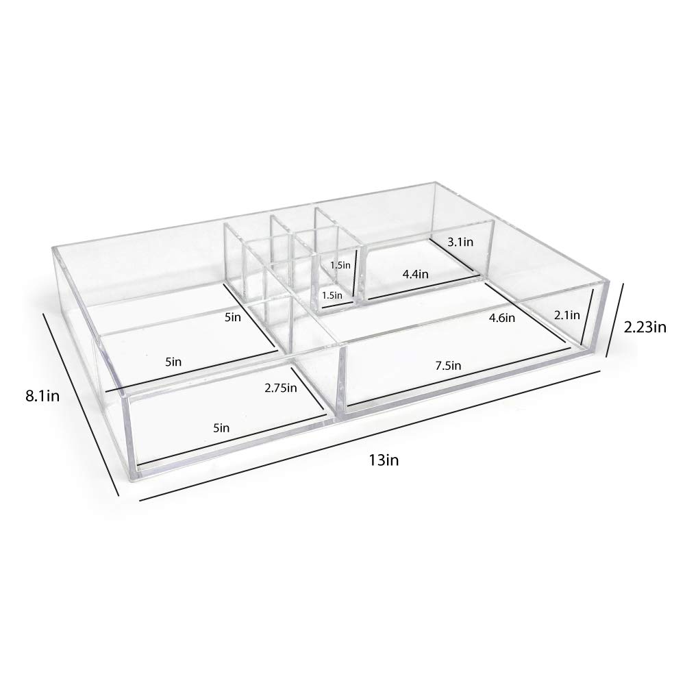 Isaac Jacobs 8-Compartment Clear Acrylic Drawer Organizer (13" L x 8.1" W x 2.3" H), Multi-Sectional Tray & Storage Solution for Makeup, School & Office Supplies, Bathroom, Kitchen