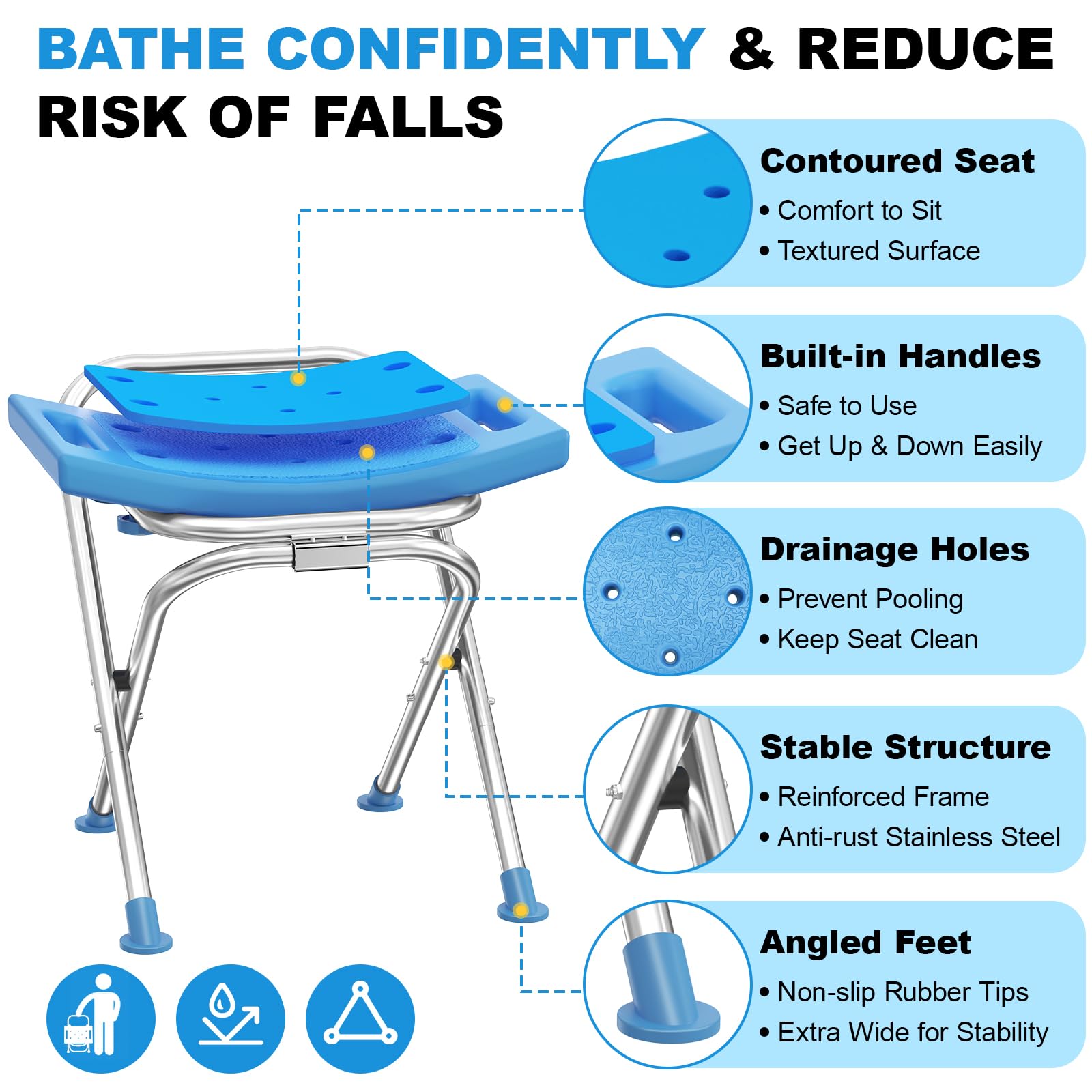 Medhelp Upgraded Folding Shower Chair, Stainless Steel Foldable Shower Seat for Inside Bathtub, Lightweight & Portable Travel Shower Stool, Anti-Slip Feet Bath Chairfor Elderly, Disabled, Injured