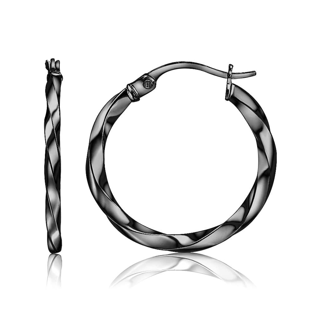 Black Flashed Sterling Silver 2mm Twist Round Hoop Earrings, 20mm