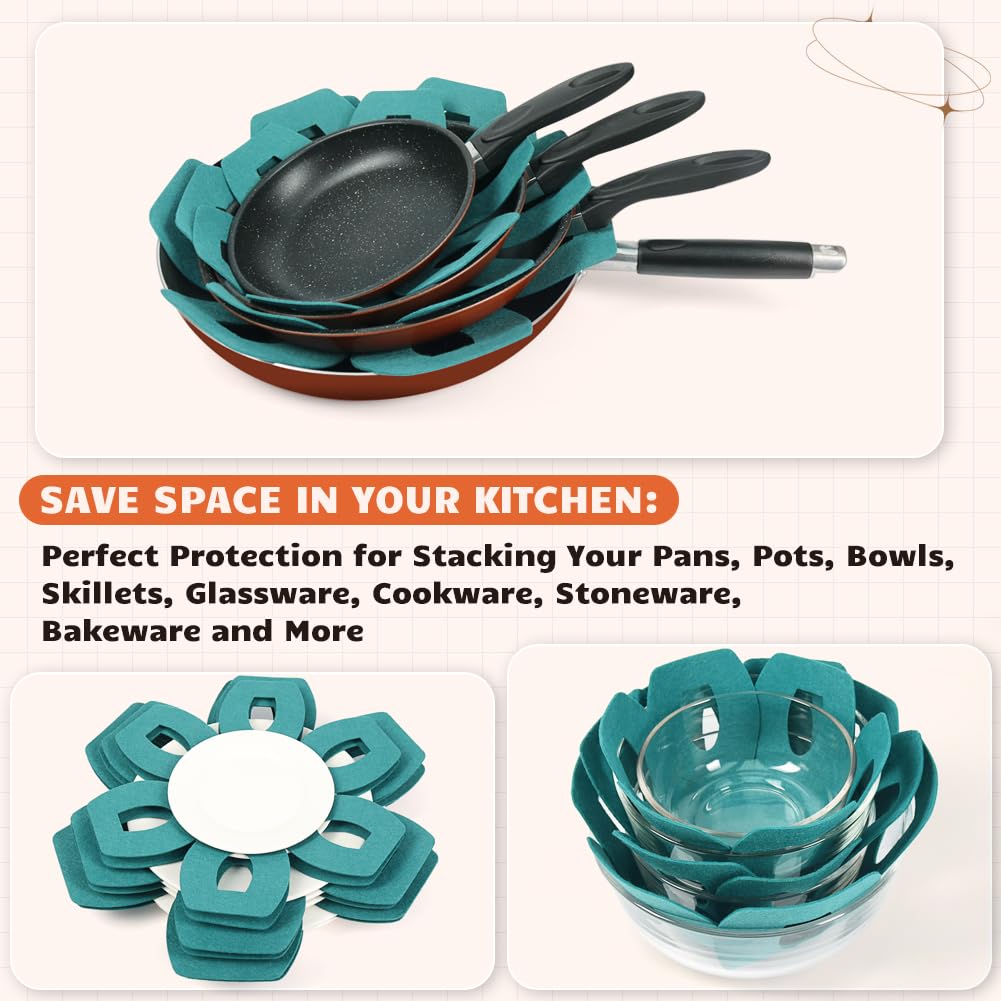 BYKITCHEN Pot Pan Protectors, Set of 6 & 3 Different Sizes, Felt Pot Protectors for Stacking, Cyan Pan Separators Protectors for Stacking and Protecting Your Cookware
