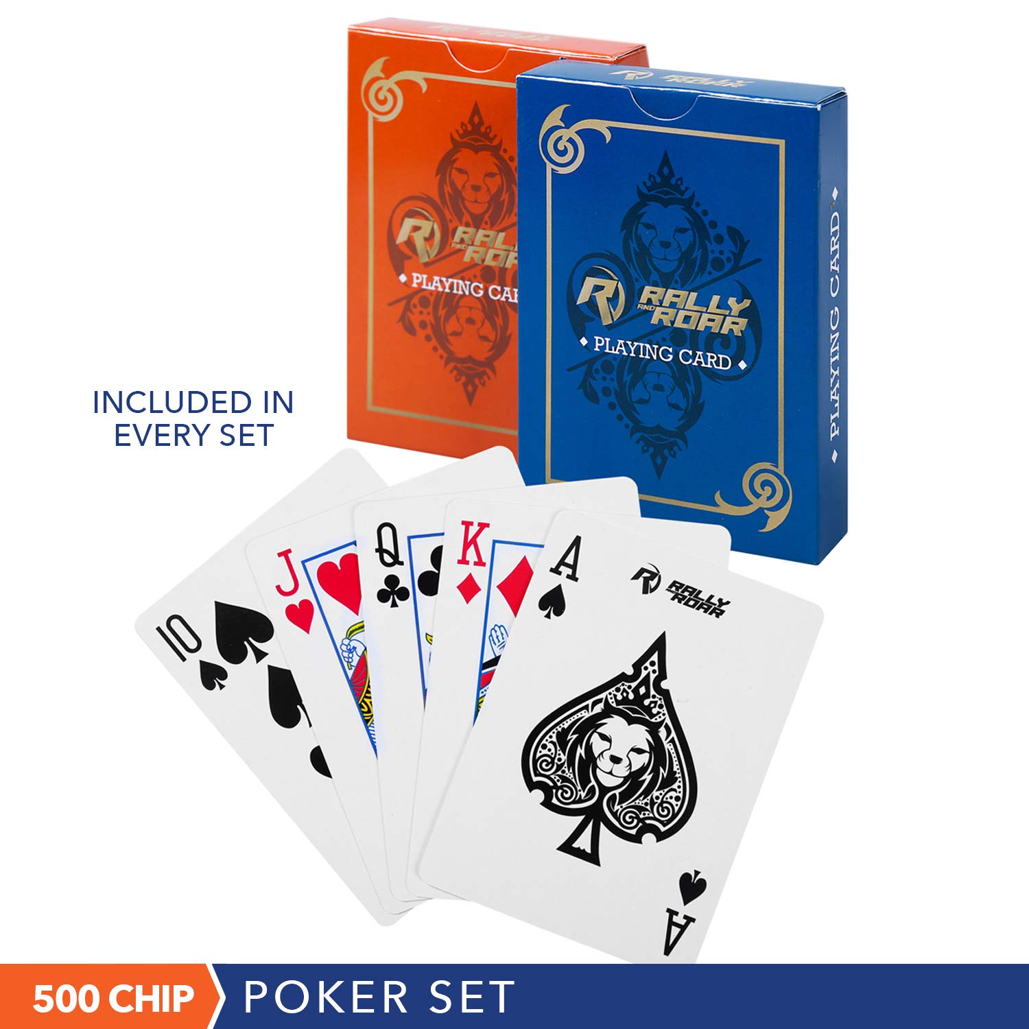 Rally and Roar Professional Poker Set w/ Hard Case, 2 Card Decks, 5 Dice, 3 Buttons - 500 Chips