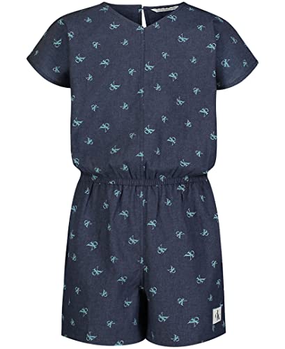 Calvin Klein Girls' Short Sleeve Lightweight Denim Romper, Dark Chambray Grid, 7