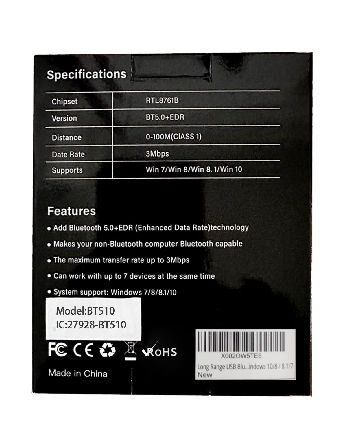 Long Range USB Bluetooth Adapter for PC USB Bluetooth Dongle Wireless Bluetooth Adapter for Headphones Speakers, 328FT / 100M,5.0 Bluetooth Transmitter Receiver for Windows 10/8 / 8.1/7