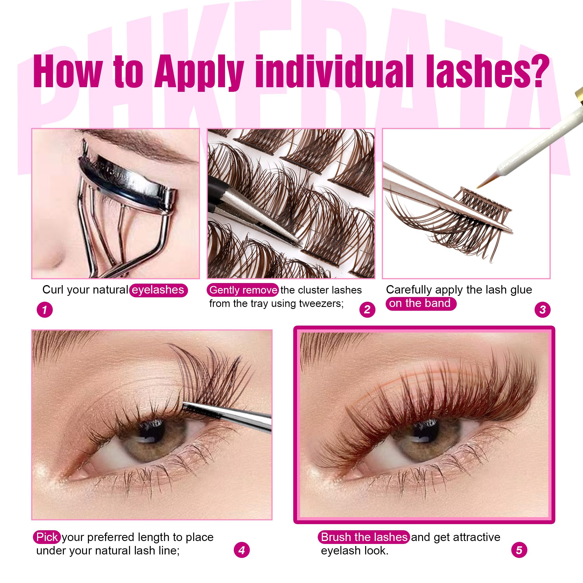 Brown Lash Clusters DIY Eyelash Extension Kit with Strong Hold Lash Bond and Seal Glue, Individual Lashes for Self Application by PHKERATA (0.07D, 8-16MM, 144Pcs)