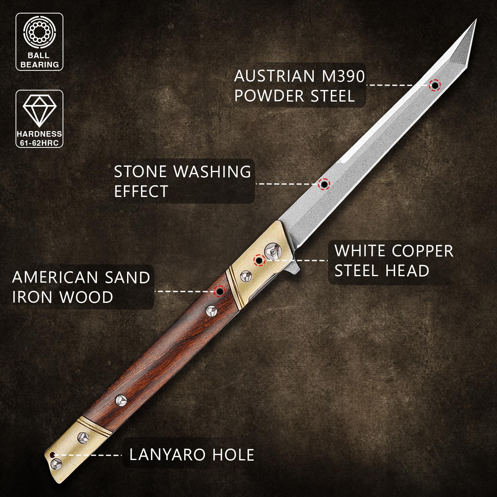 EDC lightweight Folding Pocket Knife,M390 steel gentleman's knife,3.9”Stone washing effect blades,With handmade quality knife sheath,Desert Ironwood Handle,Camping Outdoor Daily Carry folding knife