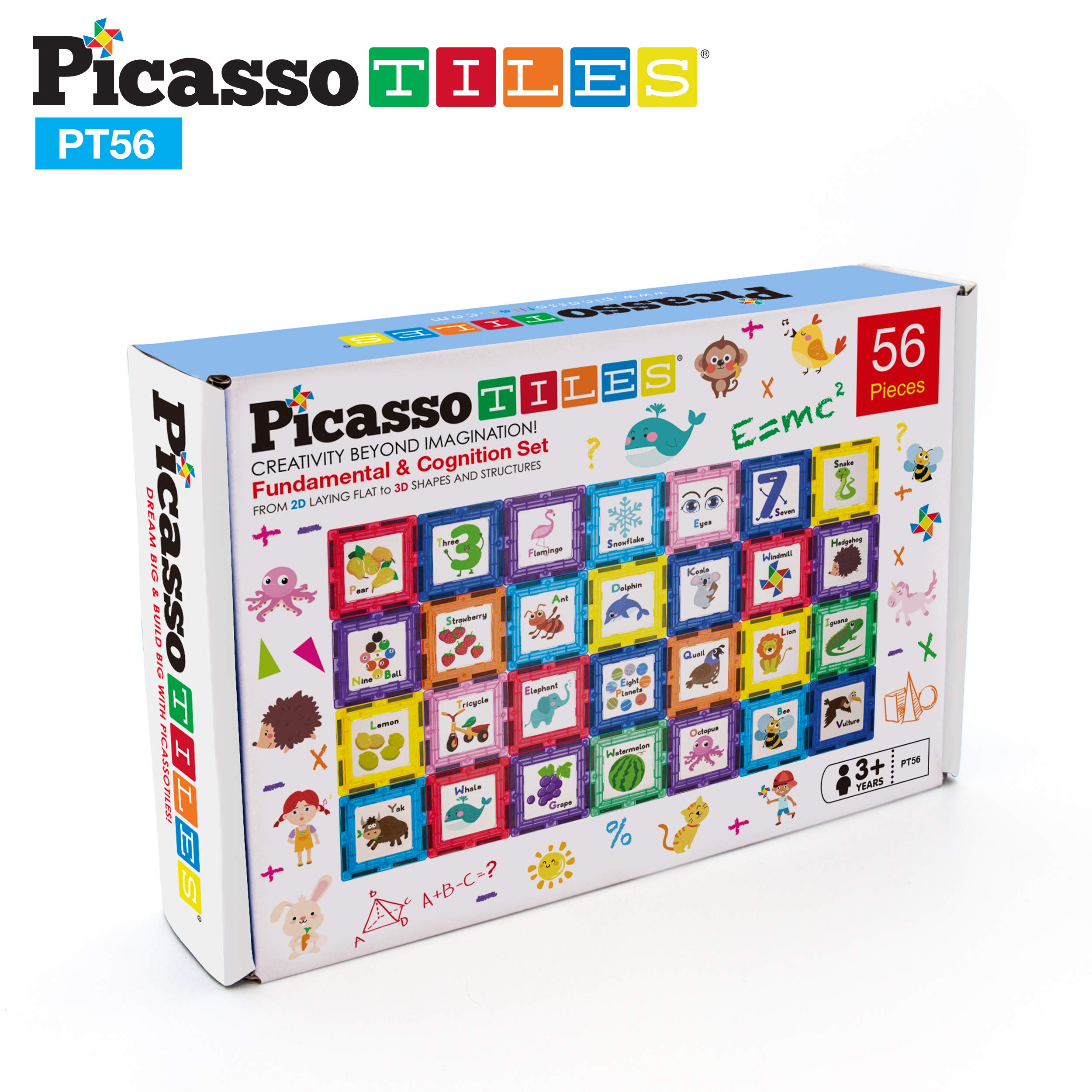 PicassoTiles Magnetic Building Blocks with Tiles and Educational Artwork Graphic Click-in Inserts Magnet Construction Toy Set STEM Learning Kit Playset Child Brain Development PT56