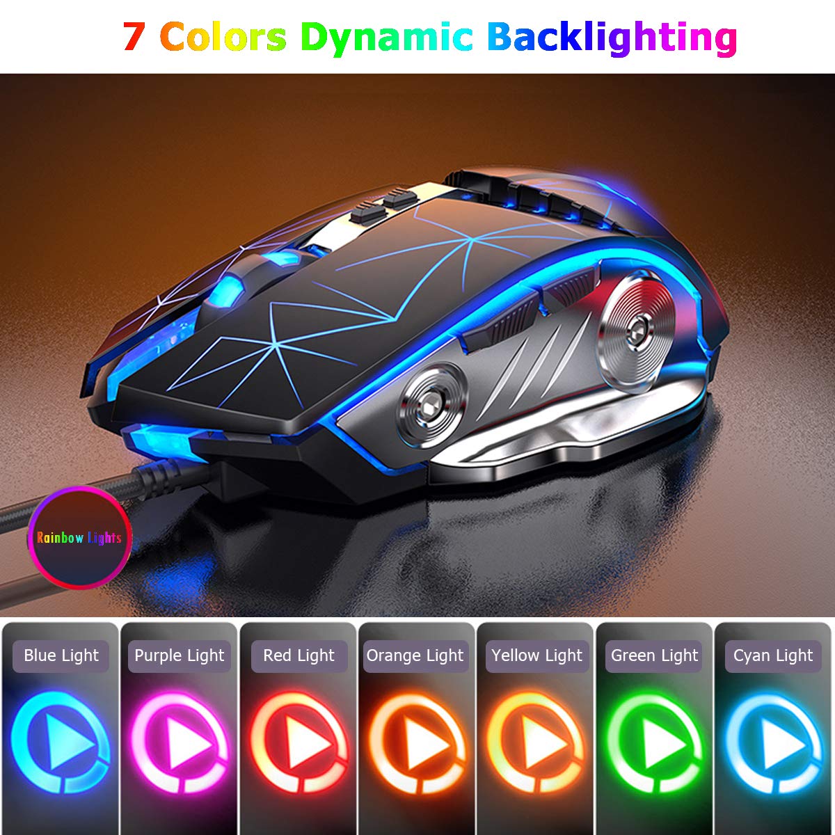 Censprin Gaming Mouse USB Wired RGB Backlit Silent Click Gamer Mouse with 4 Adjustable DPI Up to 3200, Comfortable Grip Ergonomic Optical Gaming Mice for Laptop PC Gamer Computer