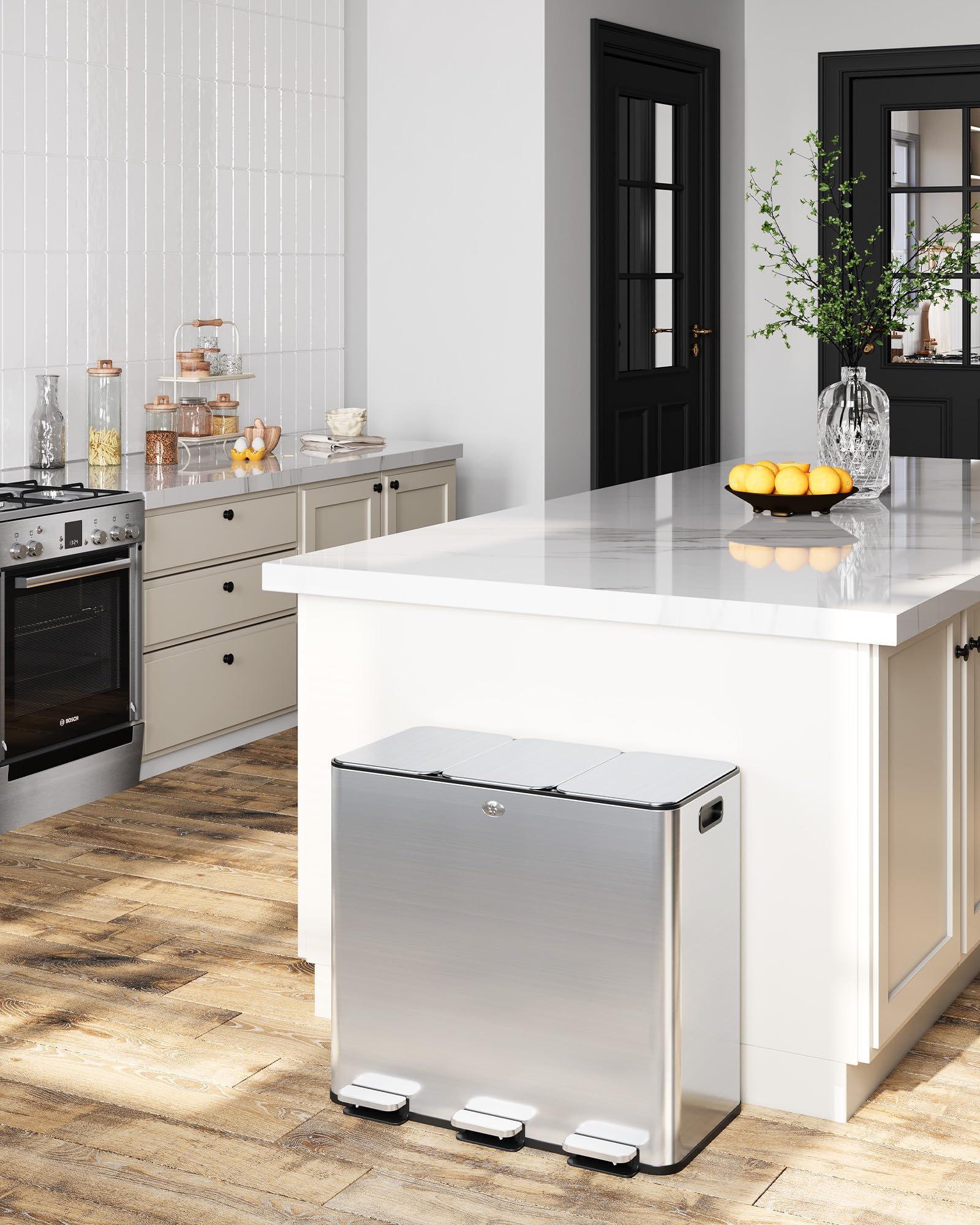 Garvee Trash Can, 15 Gallon Triple Compartment Stainless Steel Kitchen Trash Can for Recycling, 5+5+5 Gallon Plastic Inner Buckets and Quiet Close, Brushed, Airtight, Silver