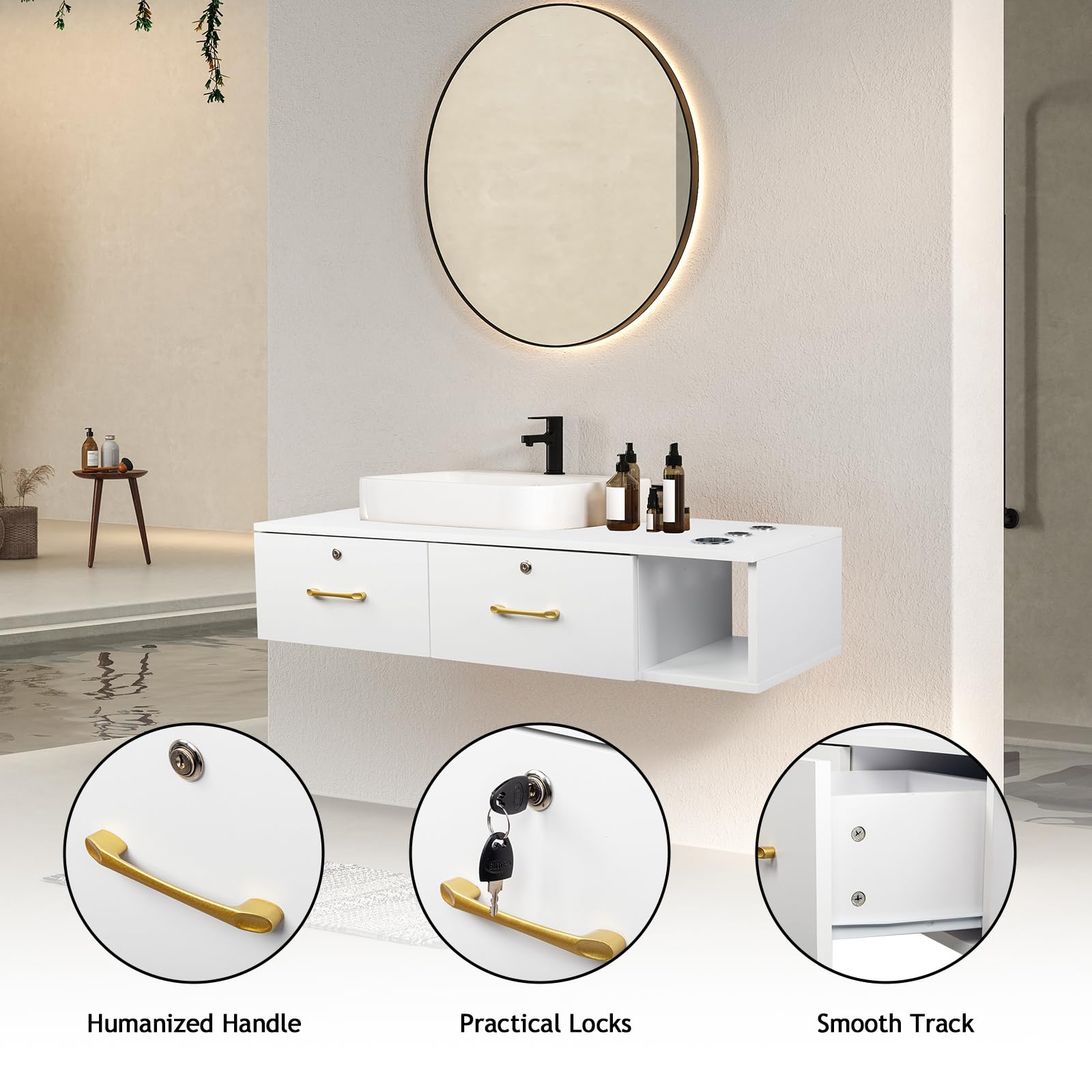 ELEMENT ACE Wall-Mounted Salon Cabinets, Floating Shelf with Drawers for Barbershop, Wall-Hung Tables, Floating Storage Console with Drawers Stylish MDF Design for Salons, Bathrooms, Bedrooms White