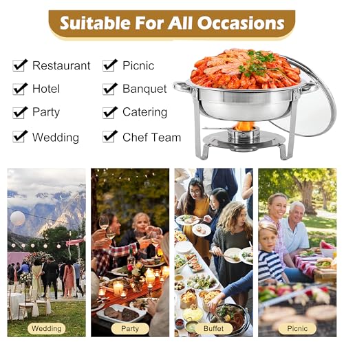 HORESTKIT Chafing Dish Buffet Set Stainless Steel Round Chafers and Buffet Warmers Set with Glass Viewing Lid, 5QT Foldable Complete Food Warmer