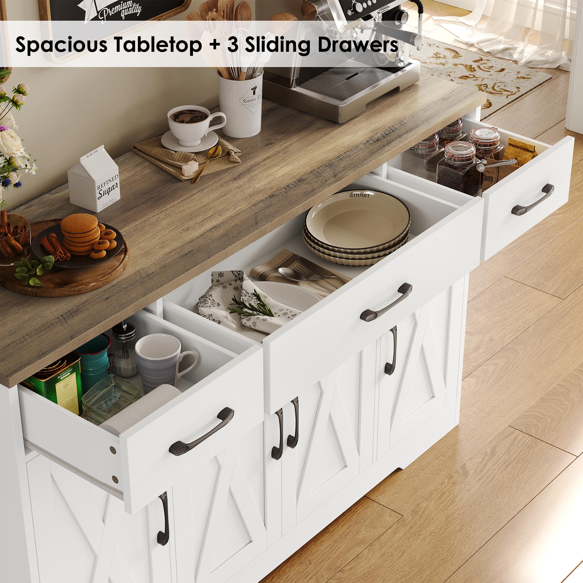 HOSTACK Buffet Cabinet with Drawers, 55" Large Sideboard Buffet Storage Cabinet with Shelves and Doors, Modern Farmhouse Coffee Bar Cabinet Wood Buffet Table for Kitchen, Dining Room, White/Rustic
