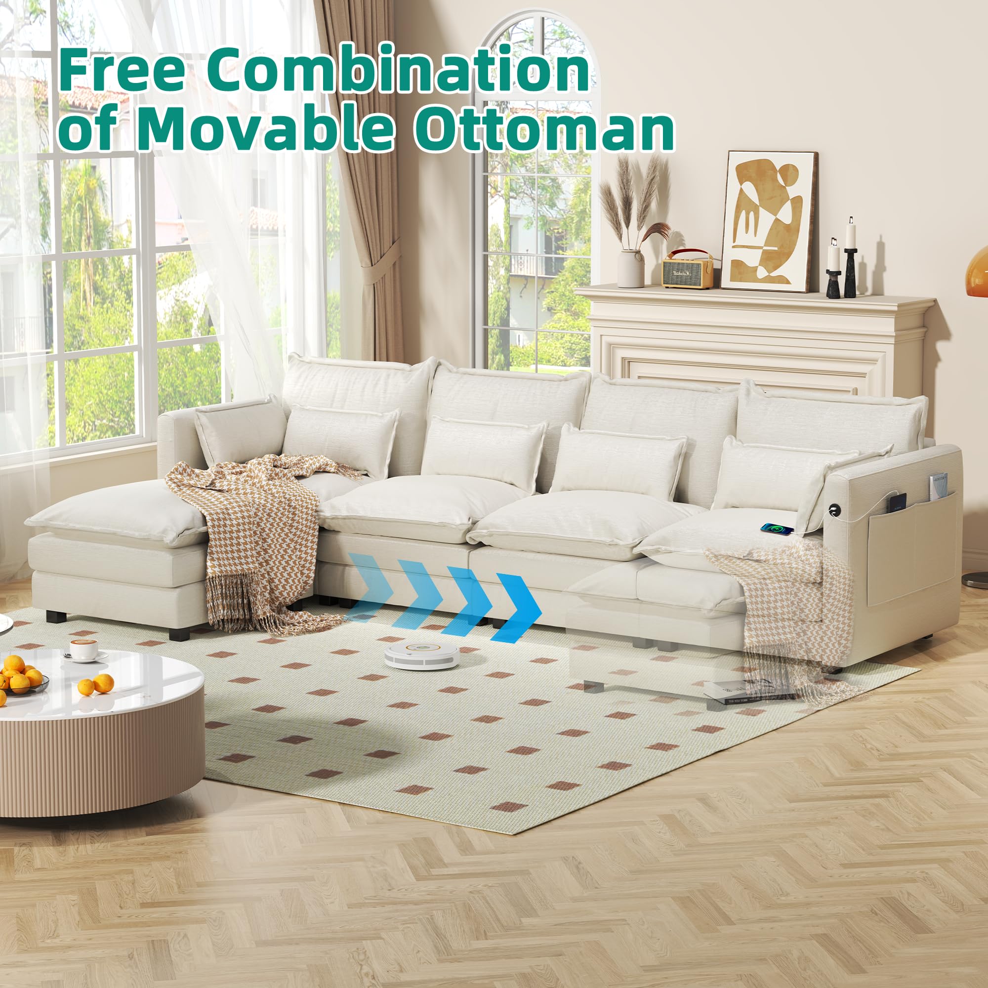 EDWELL Modular Sectional Sofa, Convertible 110" L Shaped Couches with USB & Type-C Ports, Comfy 4-Seater Sectional Couches for Living Room, Modern Cloud Couch Sectional with Moveable Ottoman, Beige