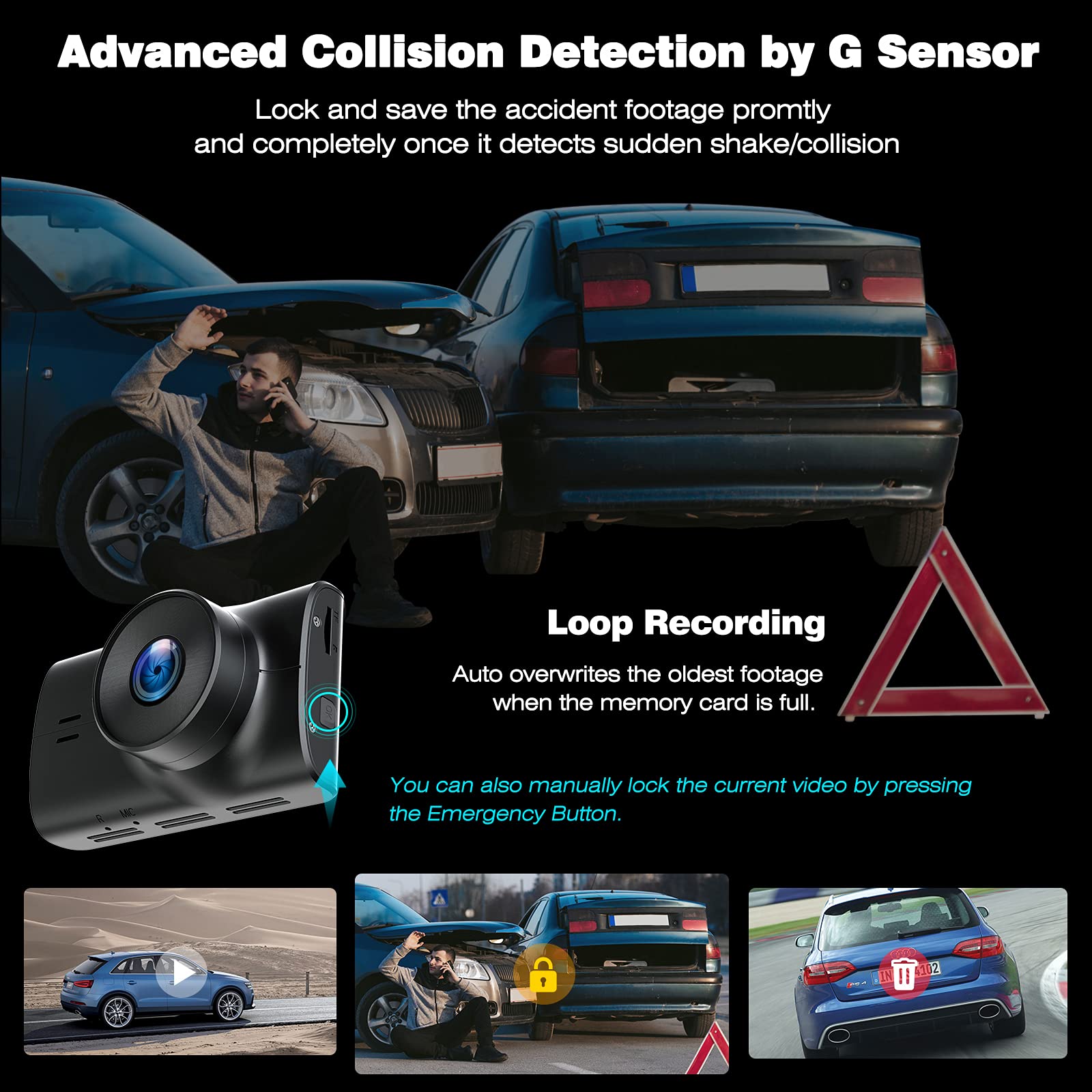 cambase Dash Cam 4K Front and 1080P Rear Car Camera Driving Recorder with Night Vision, Motion Detection, Parking Monitoring, G-Sensor, Loop Recording, 3inches IPS Screen, 170° FOV, Max Support 256GB