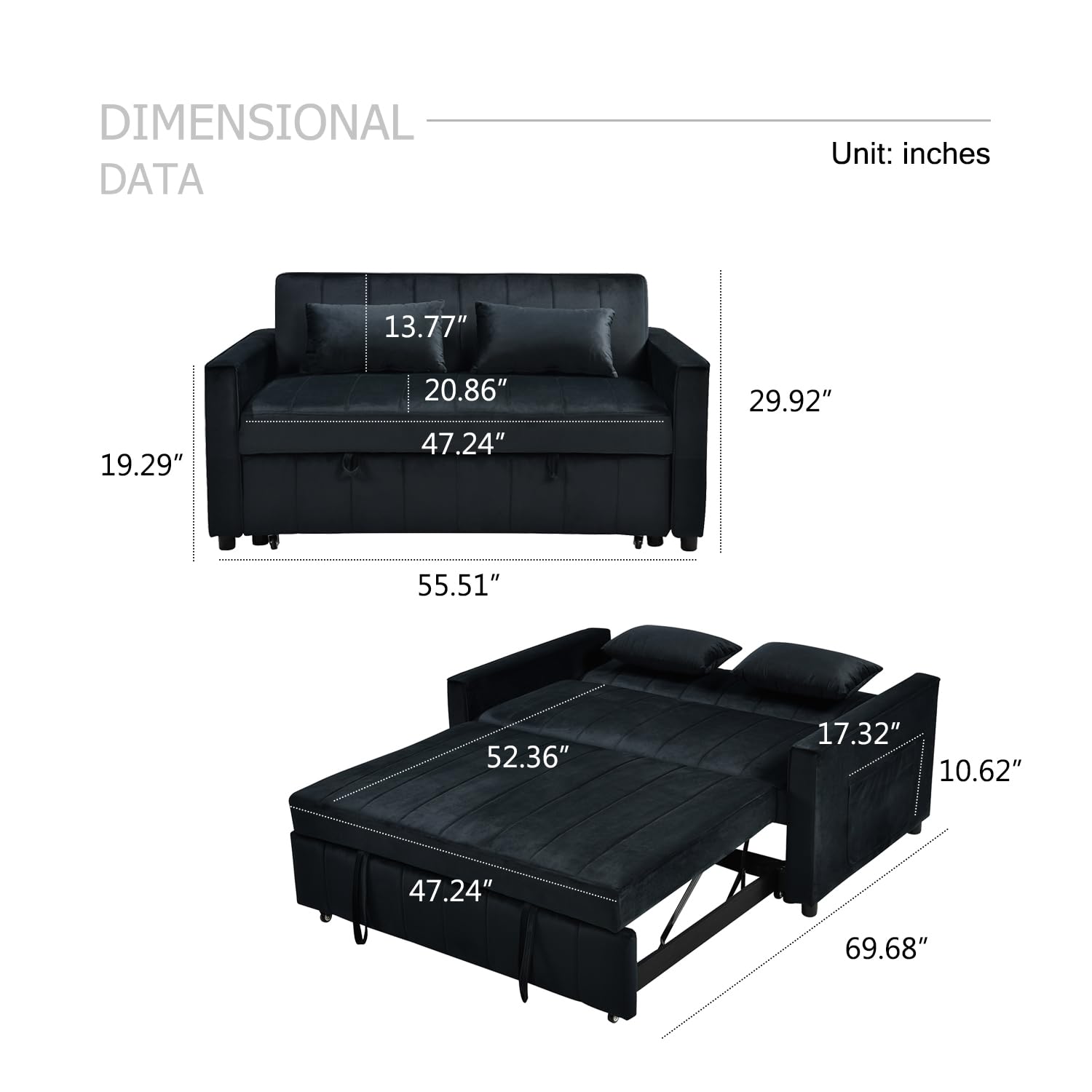 ECHINGLE 55.51" Convertible Sofa Bed, 3-in-1 Sleeper Sofa with Pullout Bed, Velvet Sofa cama with Adjustable Backrest and Side Pocket & 2 Pillows, Modern Futon Couch for Living Room, Bedroom(Black)