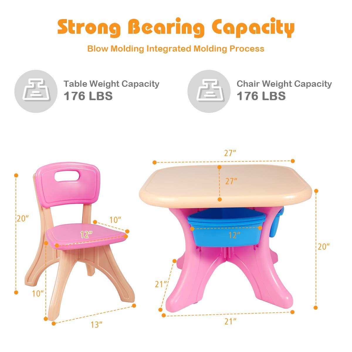 HONEY JOY Kids Table and Chair Set, Plastic Children Activity Table and 2 Chair Set w/Storage Bins, 3 Piece Child Furniture Set for Daycare Playroom, Toddler Table and Chair Set for Boys Girls(Pink)