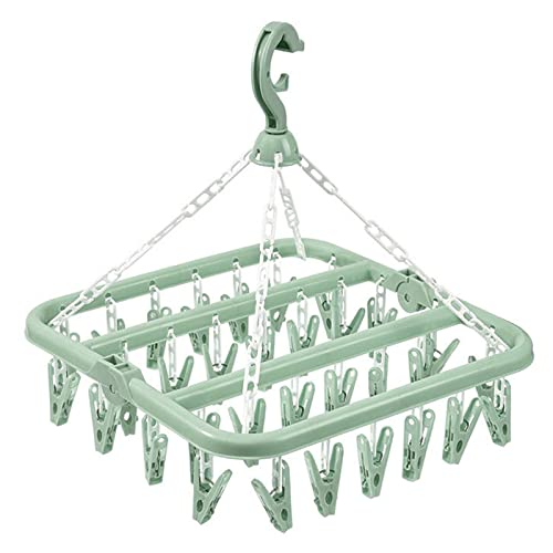 hautllaif Plastic Clothes Drying Hanger with 32 Clips and Drip Foldable Hanging Rack (Green)
