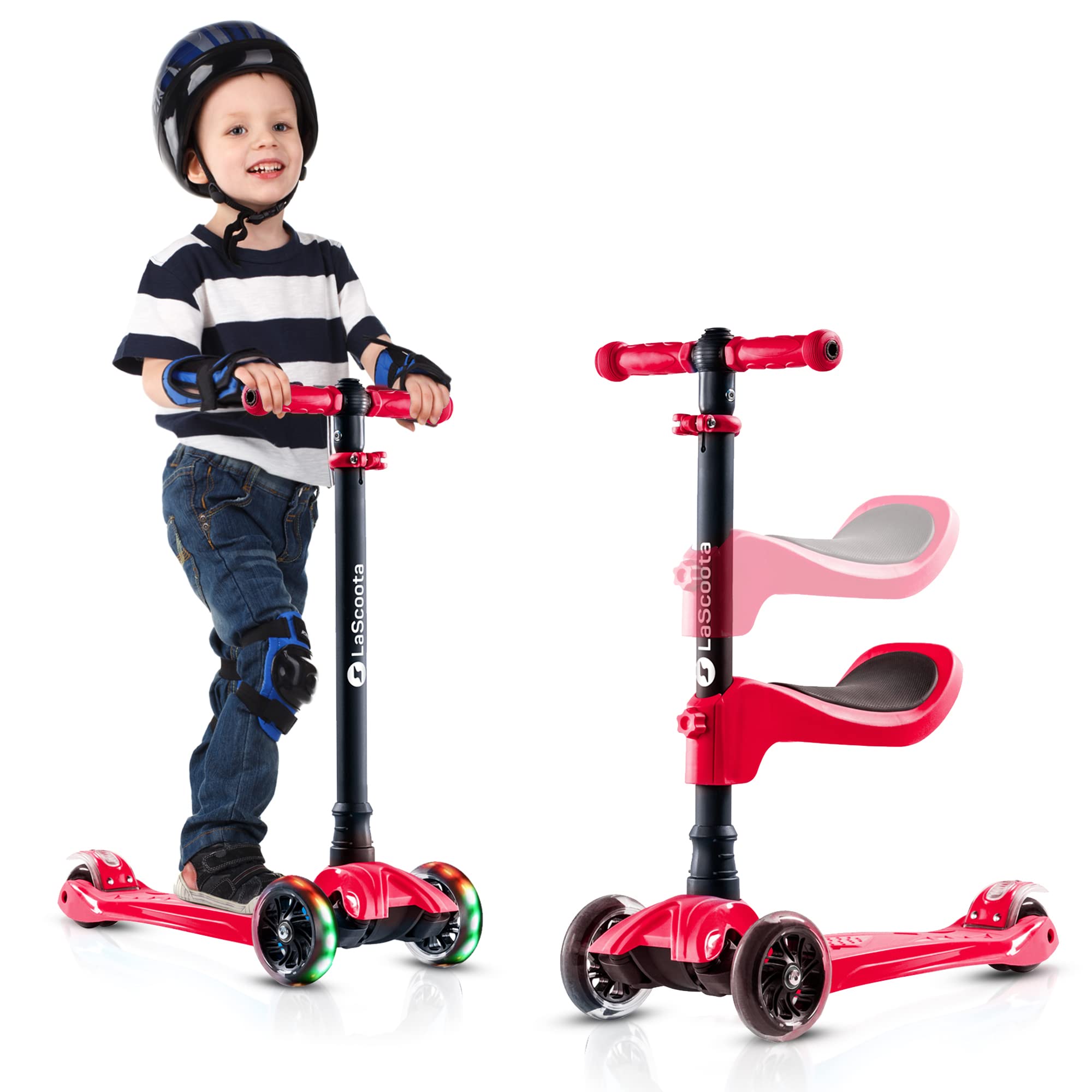 LaScoota 2-in-1 Kids Kick Scooter, Adjustable Height Handlebars and Removable Seat, 3 LED Lighted Wheels and Anti-Slip Deck, for Boys & Girls Aged 3-12 and up to 100 Lbs.