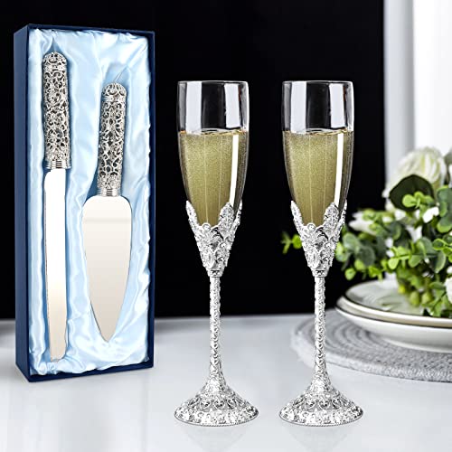 Jozen Gift Wedding Silver Cake Knife and Server Set - 2 Pcs Dessert Set Metal Handle with Crystal Stones Decoration for Wedding, Anniversary Party Birthday Banquets,Gifts for Bride and Groom