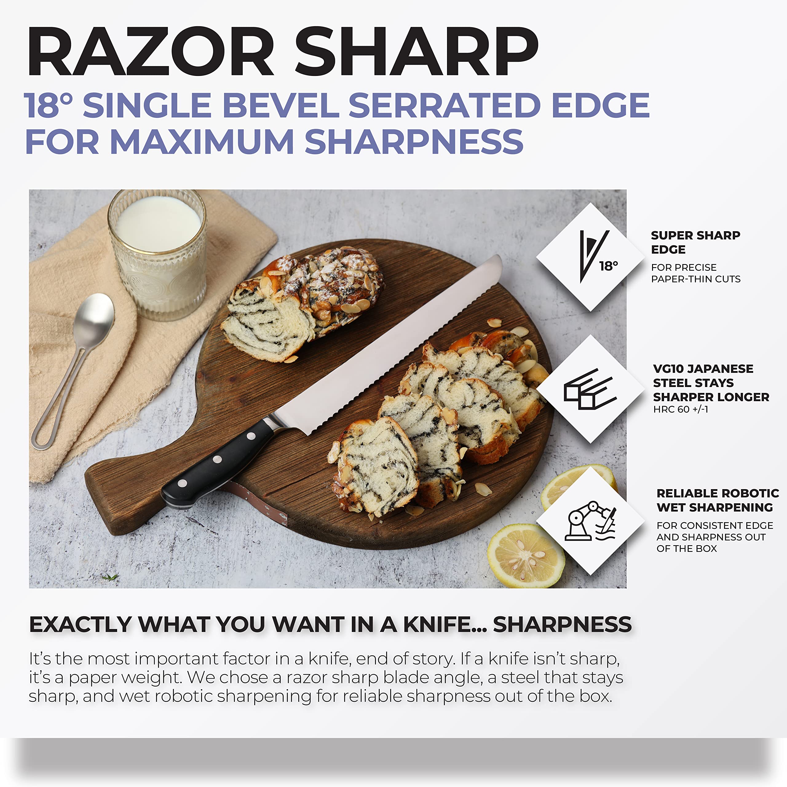 FOXEL Best Bread Knife 10 Inch Serrated - Razor Sharp Rust Resistant Japanese VG10 Steel for Cutting Bread, Cake, Sourdough, Sandwiches, Bagels, and Hard Crust - Black Handle