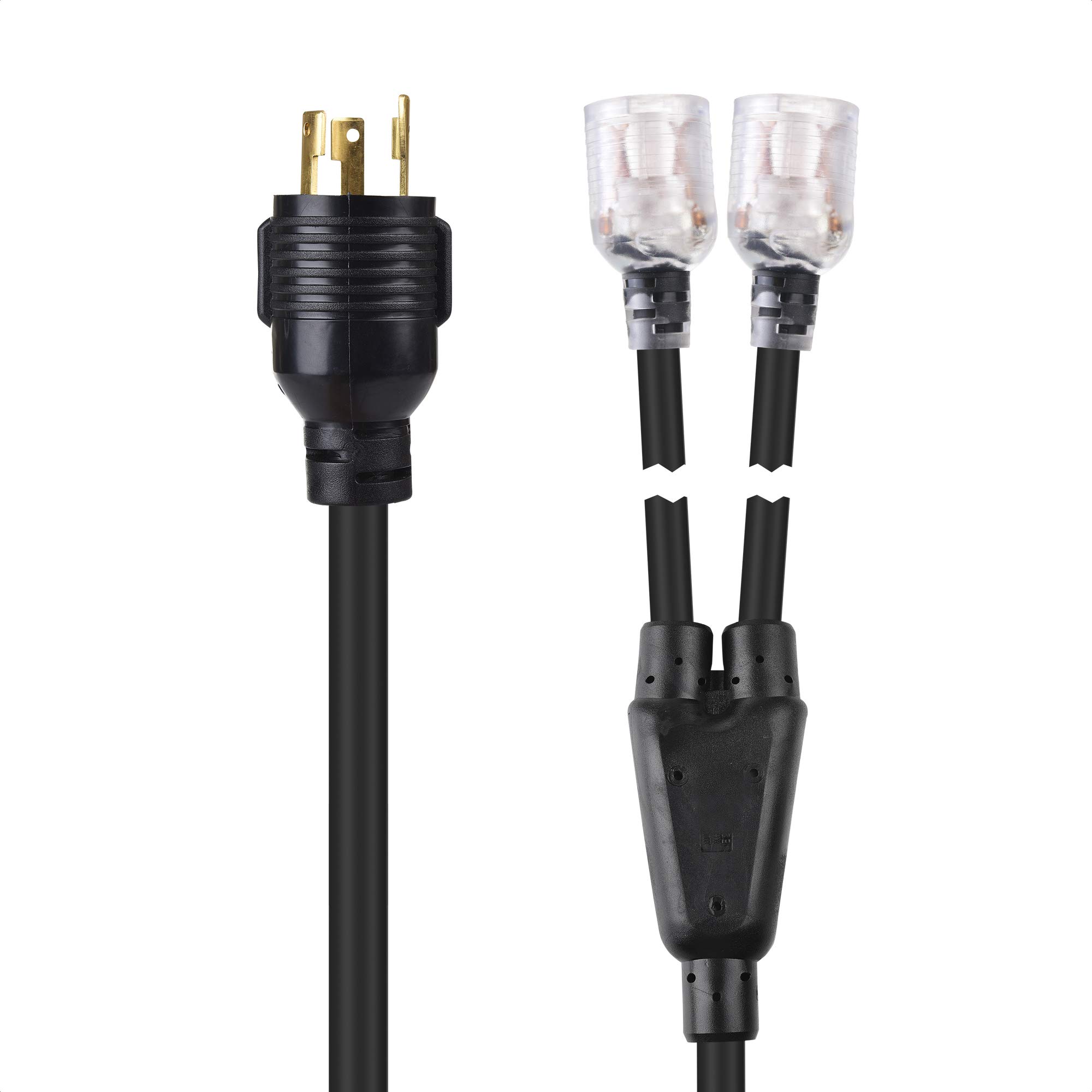Cable Matters LED-Lit 3 Prong 30 Amp to 20 Amp Adapter for Generator (30 Amp to 20 Amp Adapter Splitter) 3 Feet - NEMA L5-30P to 2X L5-20R