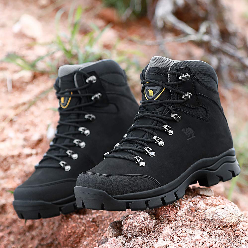 CAMEL CROWN Mens Hiking Boots Outdoor Trekking Backpacking Boot Mid Hiker Boot for Men Genuine Leather, Black