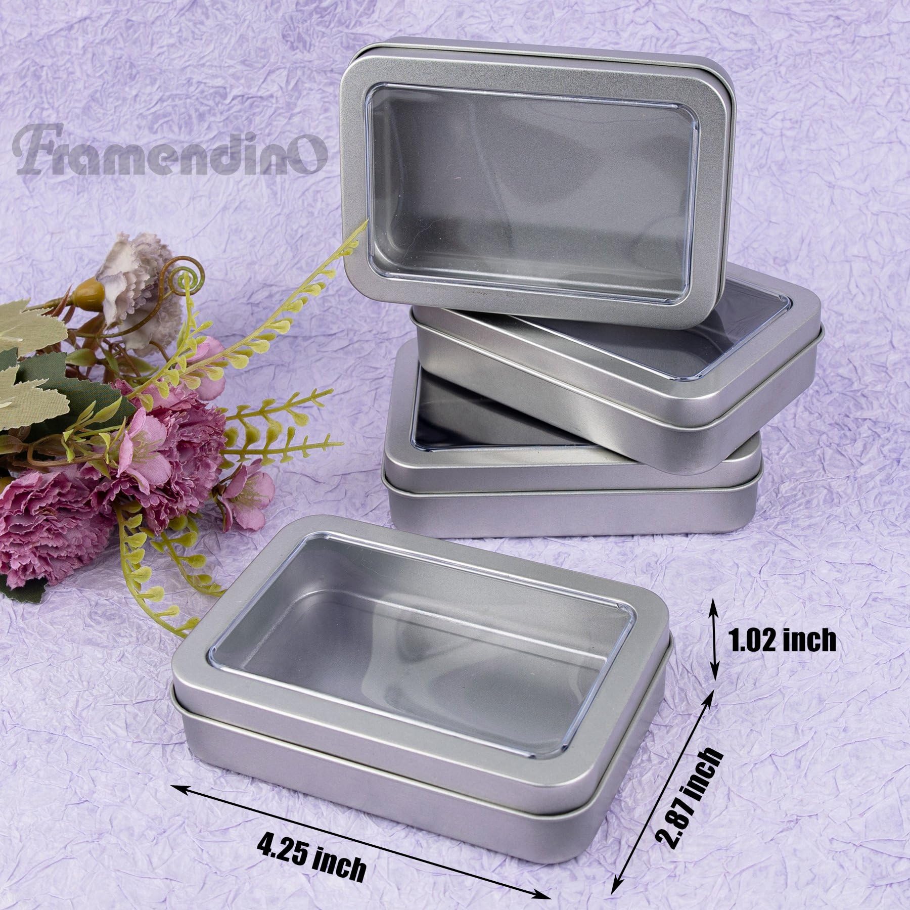 Framendino, 12 Pack Metal Rectangular Storage Organizer Tins with Clear Window Hinged Lids Silver