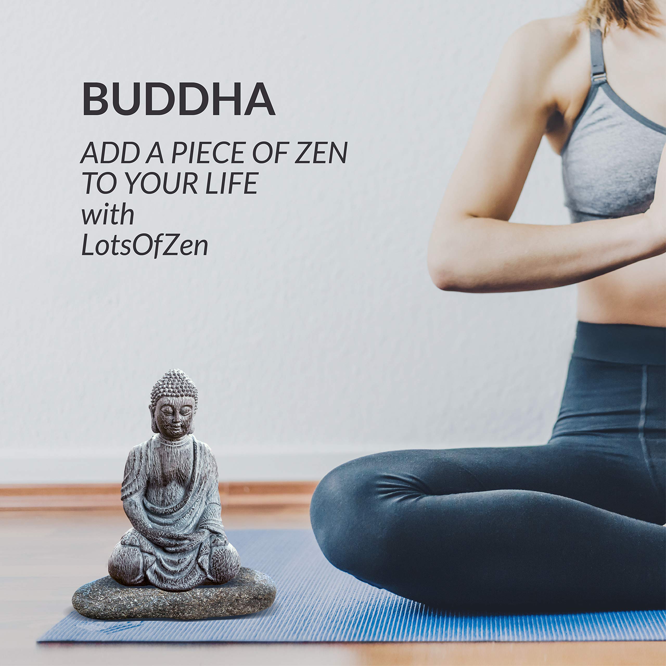 LOTS OF ZEN Mini Buddha Statue β 6.7 inch Buddha Statue with Wooden Round Base Included β Mini Buddha Statue for Spiritual Home Decor