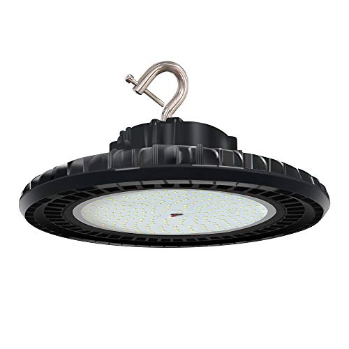 OSTEK 480V 200W LED High Bay Light Fixture, 5000K UFO High Bay Lighting IP65 1-10V Dimmable Barn Workshop Warehouse Gym Airport Lights ETL DLC Listed US Hook 5' Cable (200W (200-480V))