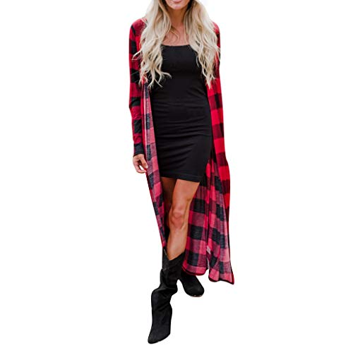 NEARTIME Women's Long Sleeve Waterfall Lightweight Plaid Cardigan Boho Kimono Cover Up Casual Outwear