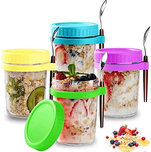 Hcojoul Overnight Oats Containers with Lids & Spoon, 4 Set of 300ML Overnight Oats Jars, Mason Jars for Overnight Oats for Chia Pudding Yogurt Salad Cereal Meal Prep Jars Cereal On The Go Container