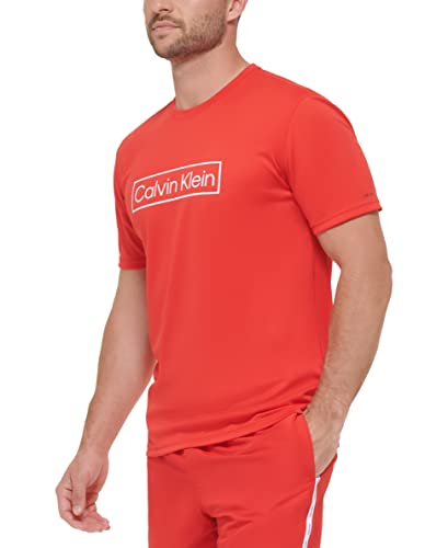 Calvin Klein Men's Standard Light Weight Quick Dry Short Sleeve 40+ UPF Protection Active Top, Red Logo, Small