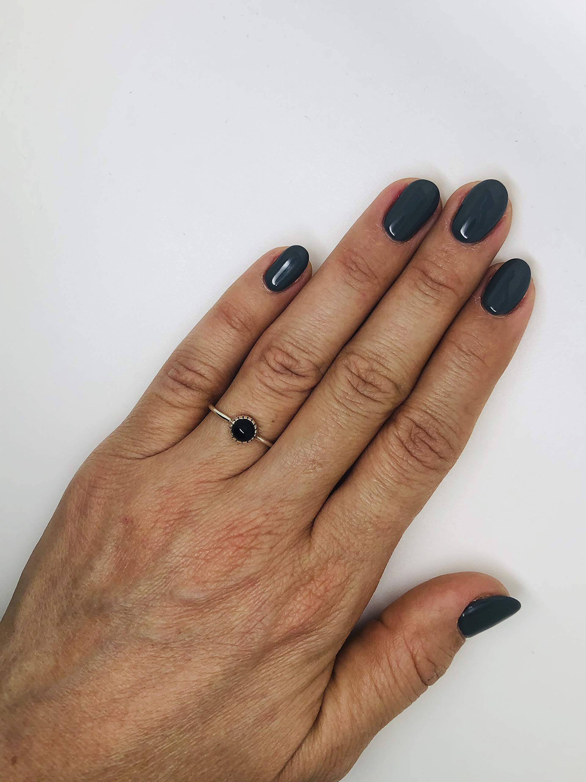Black Onyx Round Stone Delicate Ring 925 Sterling Silver Vintage Tribal Gipsy Boho Look US Size 5 6 7 8 9 (6)